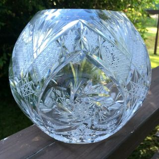 Large Heavy European Cut Glass Crystal Fish Bowl Vase Pinwheel Star ...