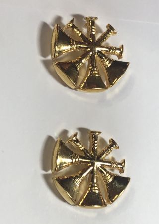 Fire Dept 4 Bugles Gold Pair Collar Pins Rank Insignia Assistant Chief ...